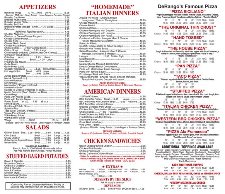 Full Menu - DeRango's Pizza Delivery - HWY. 20 Racine, WisconsinDeRango ...